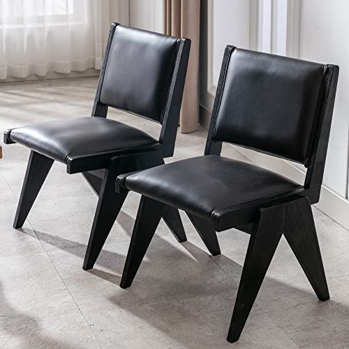 Mid-Century Modern Dining Chairs Set of 2 with PU Leather Upholstered, Country Farmhouse French Wooden Side Chairs, Black