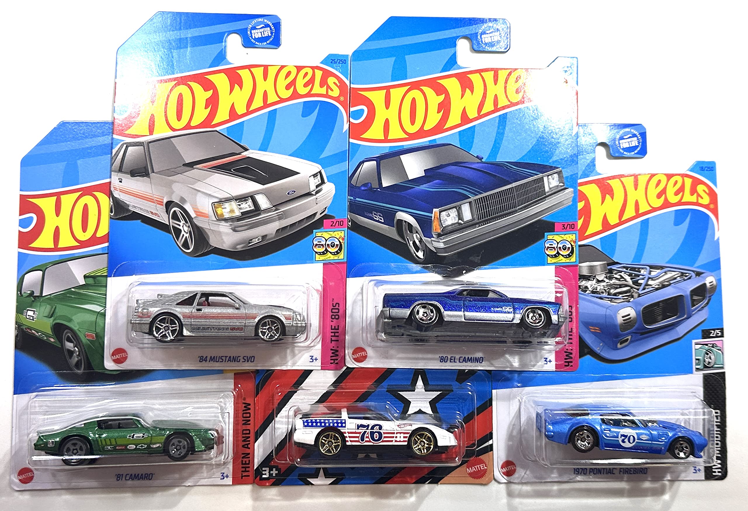 Hot Wheels - 5 Pack Special Bundle - 70's - 80's Muscle Cars - Mustang, El Camino, Corvette, Firebird, Camaro - Mint/NrMint - Ships Bubble Wrapped in a Box with Fill