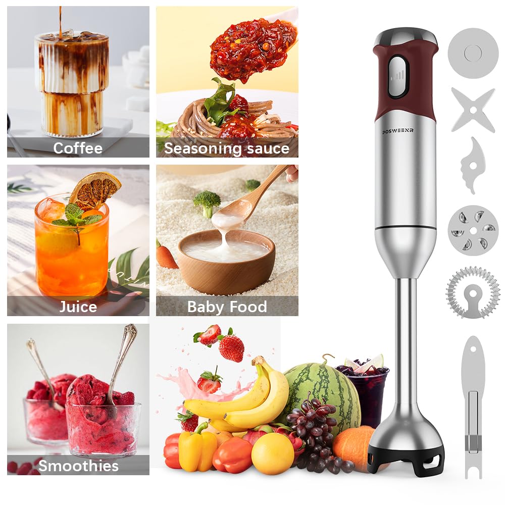POSWEENR Immersion Blender, Scratch Resistant Hand Blender, 9-in-1 Heavy Duty Copper Motor Stainless Steel Stick Blender with Milk Frother, Whipping, Blade Remover, Storage Case, Red