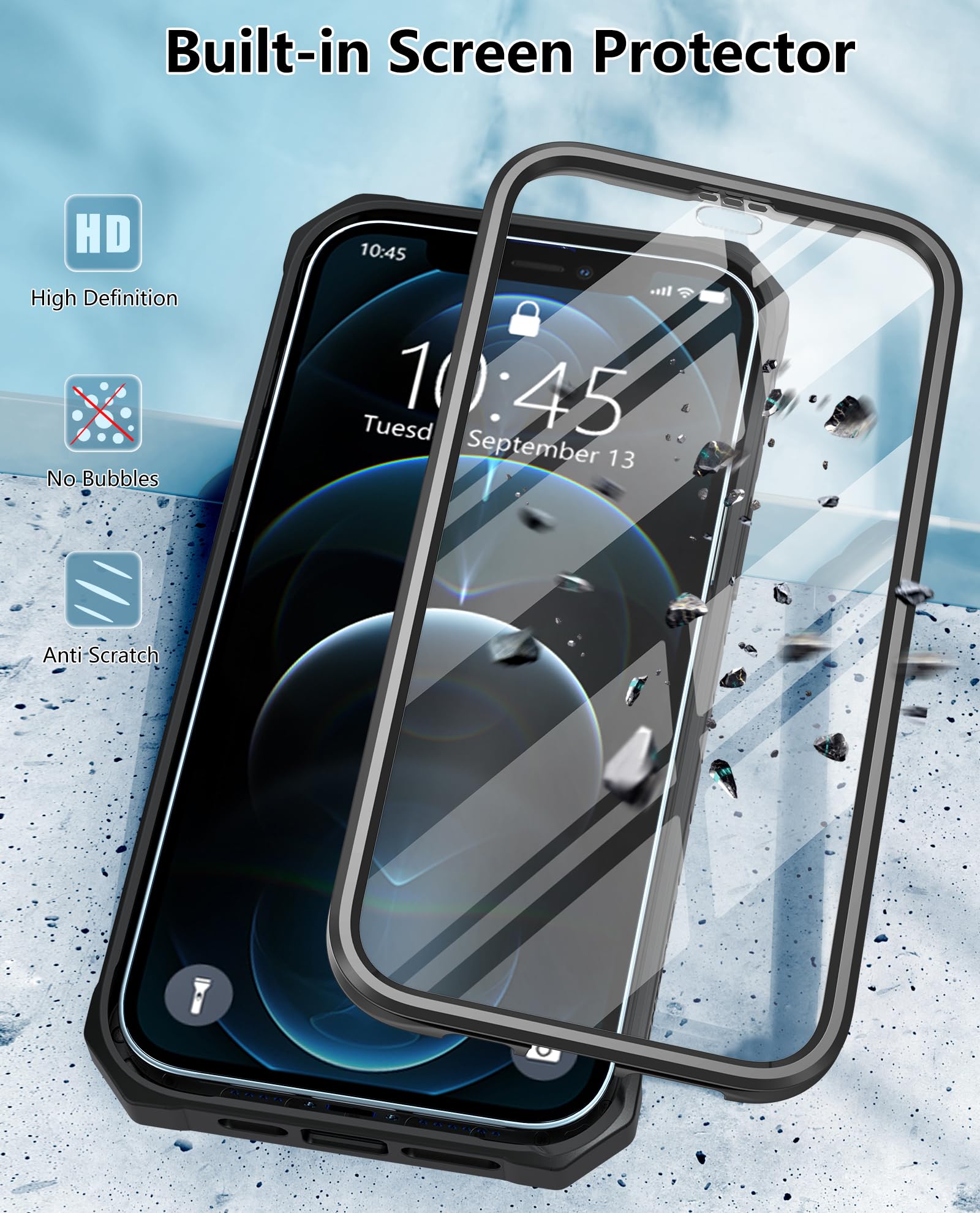FNTCASE for iPhone 12-Pro-Max Phone Case: with Built-in Screen Protector & Kickstand & Belt-Clip Holster, Full-Body Dual Layer Rugged Military Shockproof Protective Cover-Black