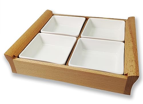 Jinsongdafa Wood Pallet Porcelain Divided Serving Dishes, Appetizer, Relish Tray, Serving Bowls for Parties - Perfect for Chips and Dip, Veggies, Candy and Snacks | Reusable (4 Cells Platters)