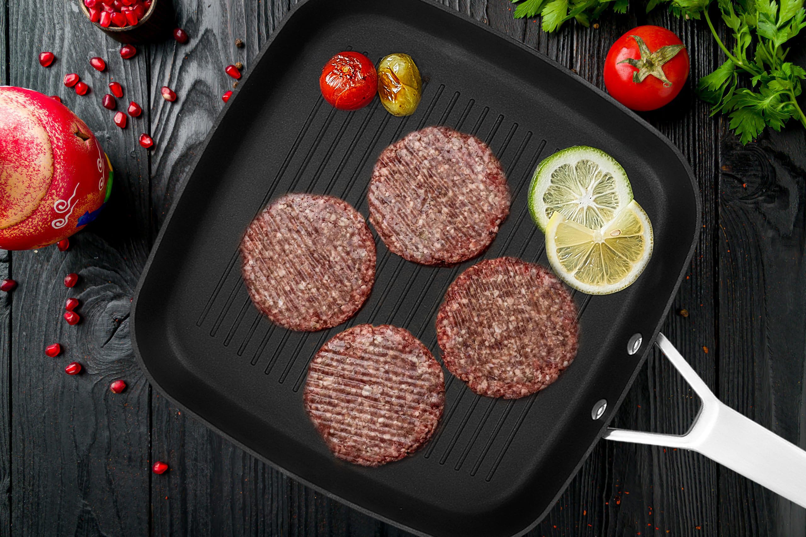 MsMk Square Grill Pan with Lid, 9.5 Inch Titanium and Ceramic Nonstick Grilling Skillet Pan,Stay-Cool Handle,Compatible with All Stovetops,PFOA Free,Dishwasher & Oven Safe,Indoor Chicken Skille