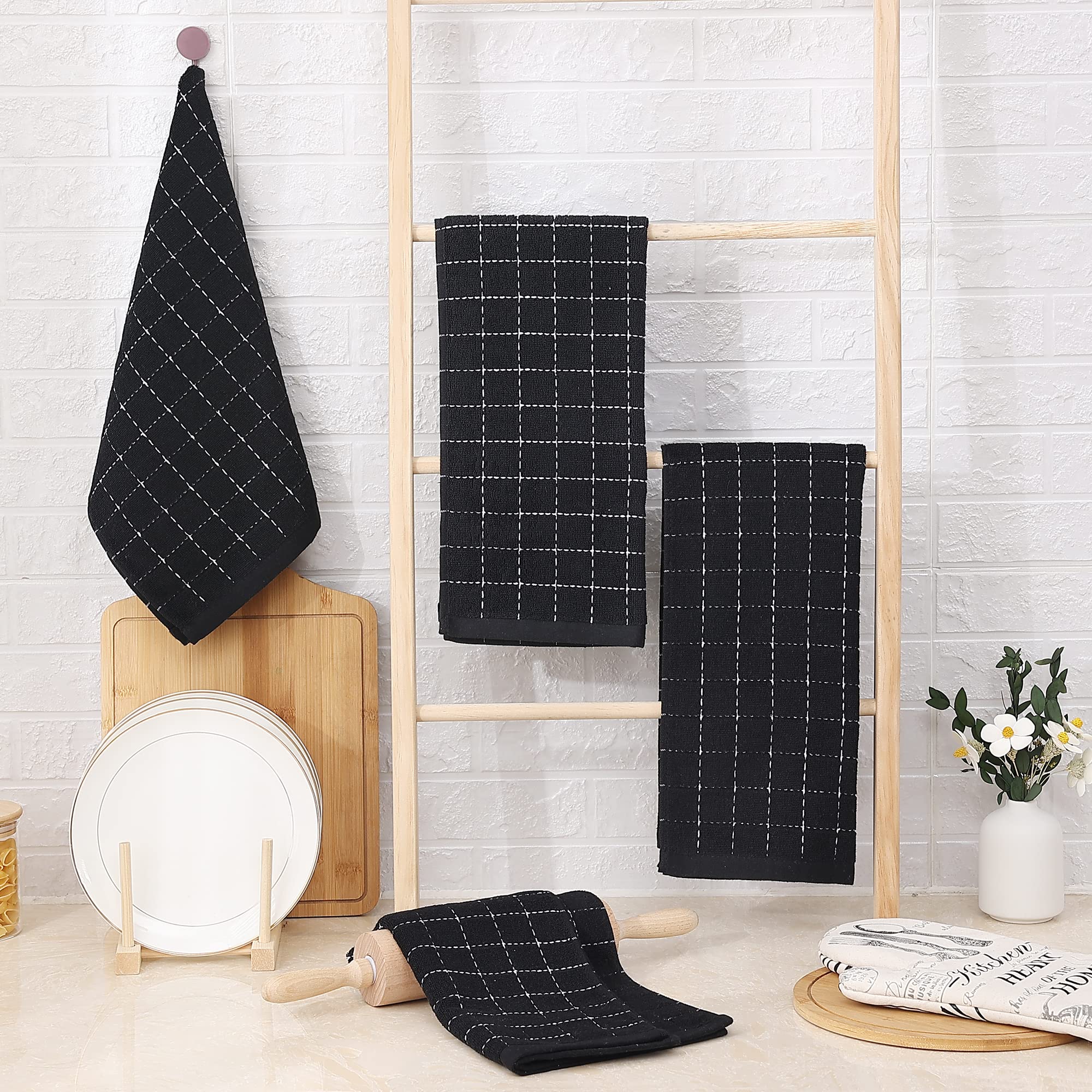 Homaxy Kitchen Towels and Dishcloths Set, 12 x 12 and 13 x 28 Inches, Set of 10 Bulk Cotton Terry Kitchen Towels Set, Checkered Designed, Soft and Super Absorbent Dish Towels, Black