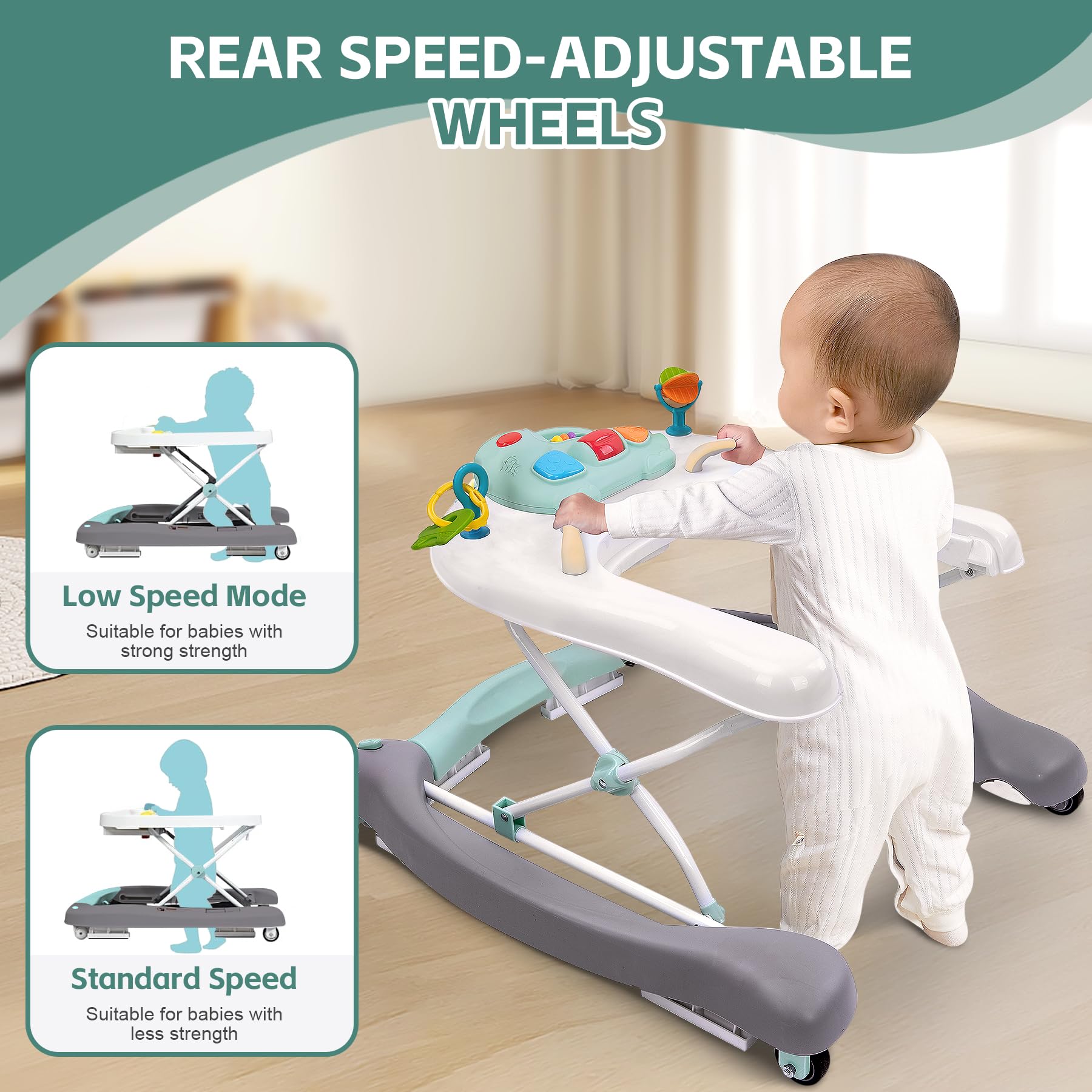 Foldable Baby 5-in-1 Activity Walker - Rocker, Activity Center, Bouncer, Seat Walker, Push Walker - Adjustable Speed Rear Wheels and Height Toys Ages 6-18 Months… (Blue)