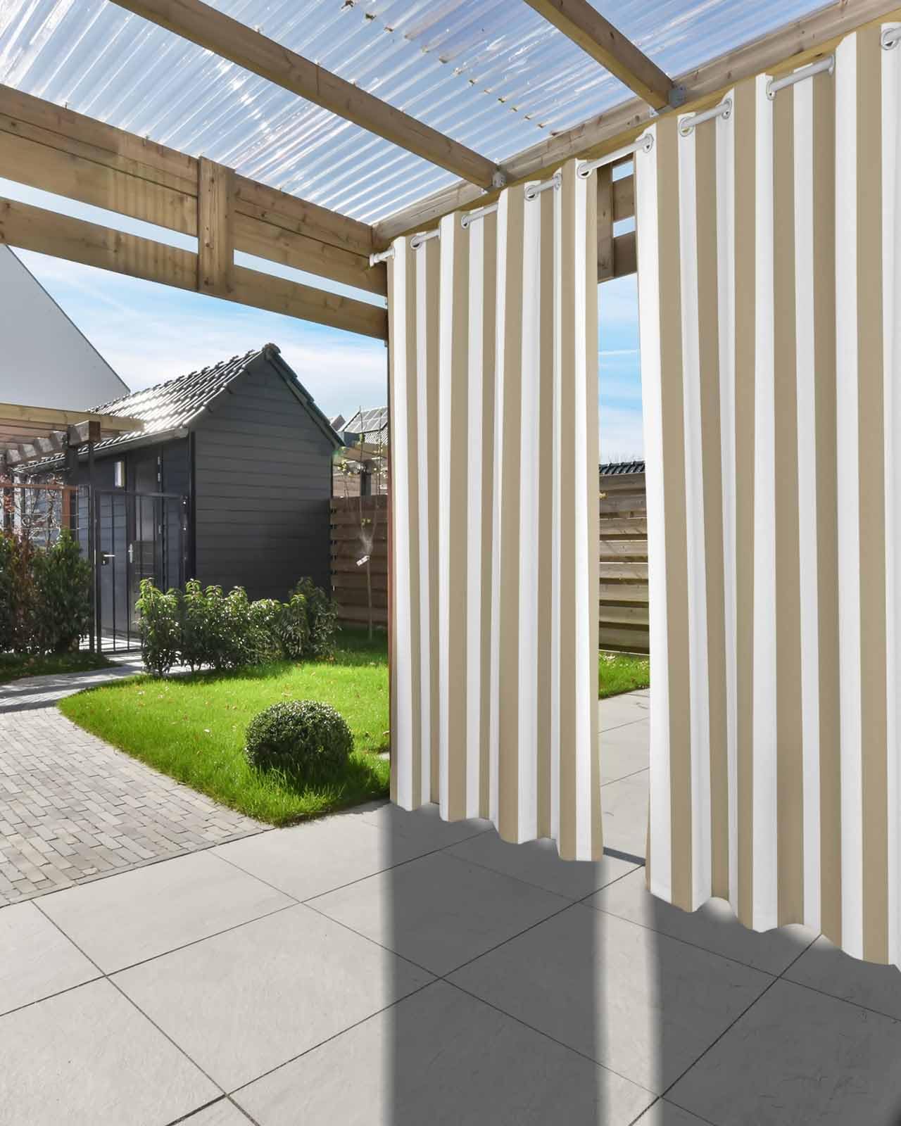 Outdoor Curtains for Patio Waterproof Stripe Indoor/Outdoor Curtain Tiebacks Khaki White Stripes Privacy Curtain Sun Blocking Farmhouse Grommet Drapes for Pergolas Gazebo Porch Balcony 2 Panel 54x84