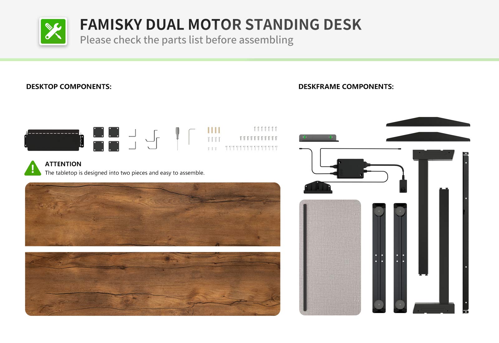 FAMISKY Height Adjustable Standing Desk, 48x 24 Inch Electric Stand up Home Office Table, Sit Stand Desk Computer Workstation with Splice Board, Black Frame & Rustic Brown Desktop