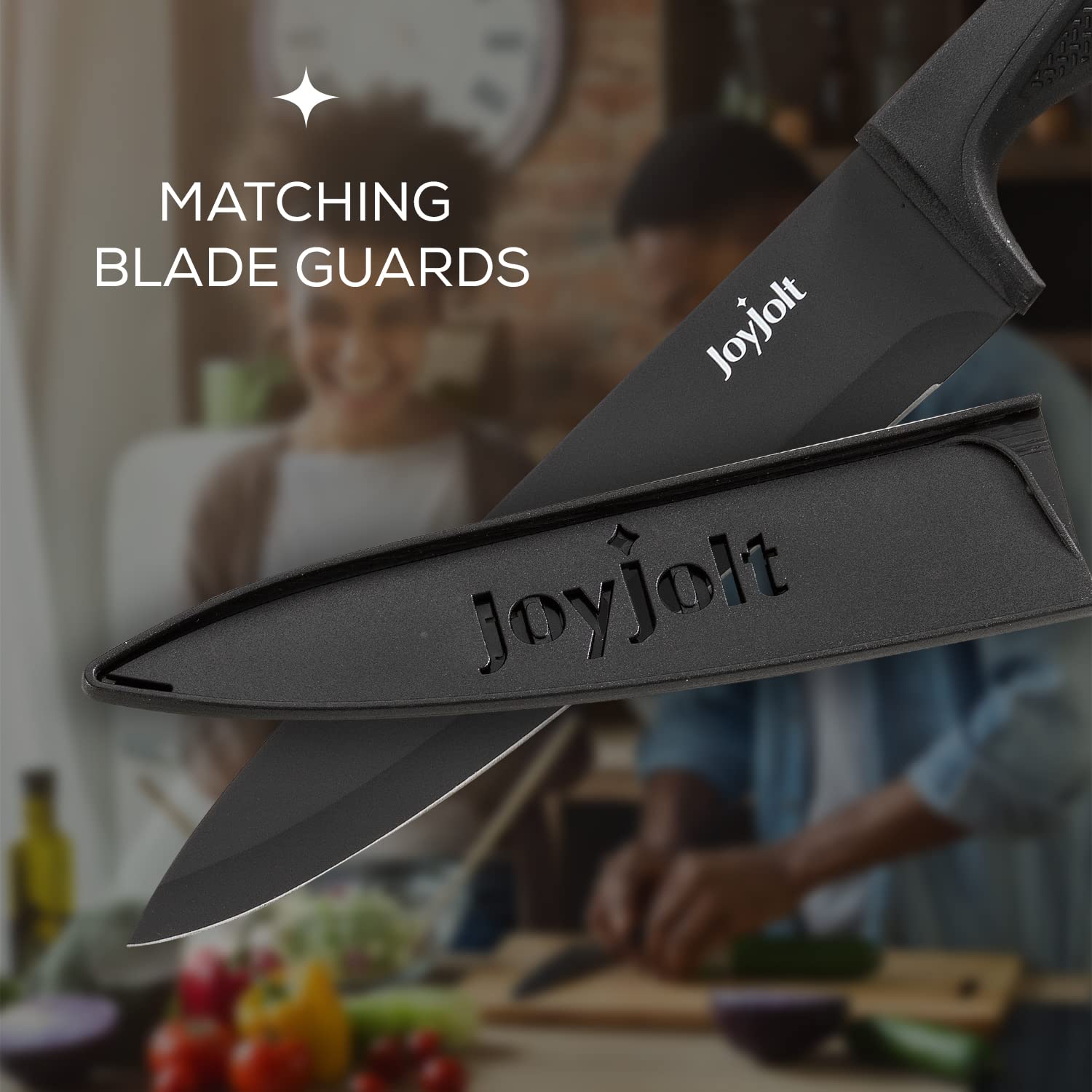 JoyJolt 12pc Kitchen Knives Set (Black). Chefs Knife Set with Sheath Covers. Chef, Butcher, Bread, Slicing, Santoku, Utility and Paring Home And Kitchen Knives Sets