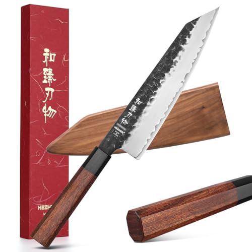 HEZHEN- 8.5” Chef Knife, 3 Layers High Carbon Clad Steel Kiritsuke Knife, Composite Forging Steel, Professional Japanese Kitchen Knife, Redwood Octagonal Handle With Wooden Knife Sheath