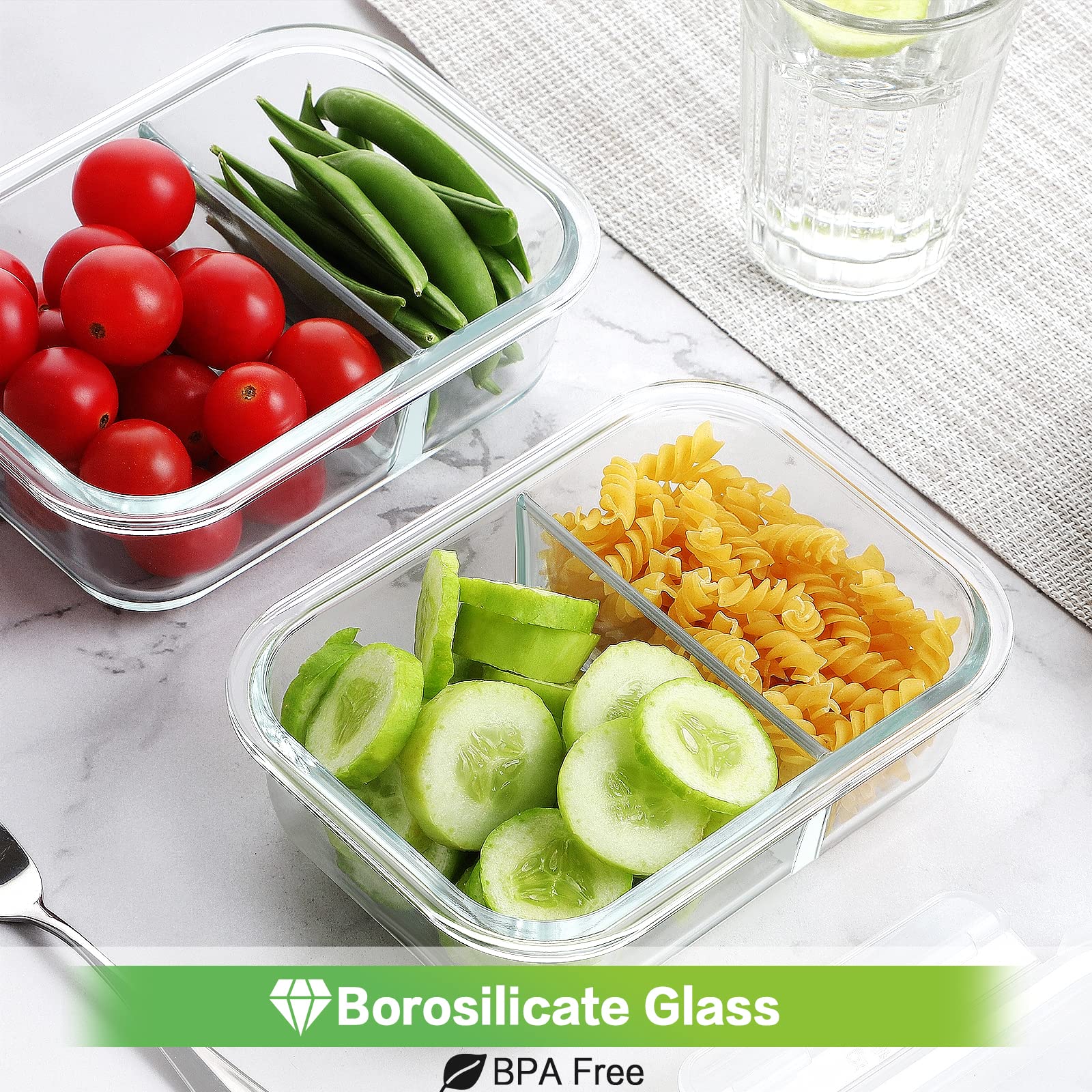 HOMBERKING 10 Pack Glass Meal Prep Containers 2 Compartment, Food Storage Containers with Lids, Airtight Lunch Bento Boxes (10 lids & 10 Containers) - White