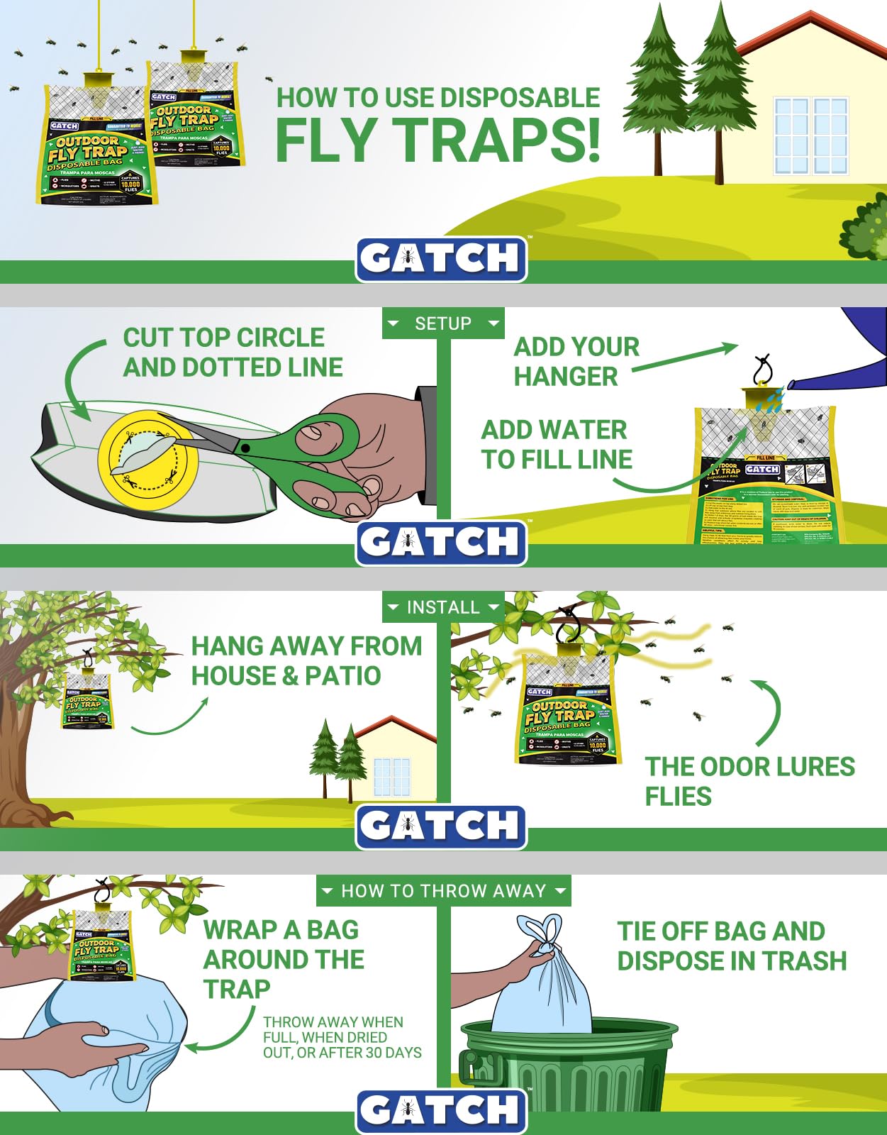 Outdoor Fly Trap Bags (5 Pack), Disposable, Hanging Fly Catcher with Bait, Outdoor Use Fly Hunter Repellent Control Catcher Killer, Flies Trap for Barn, Farm, Mosquito, Bugs, Gnats, Ready to Use