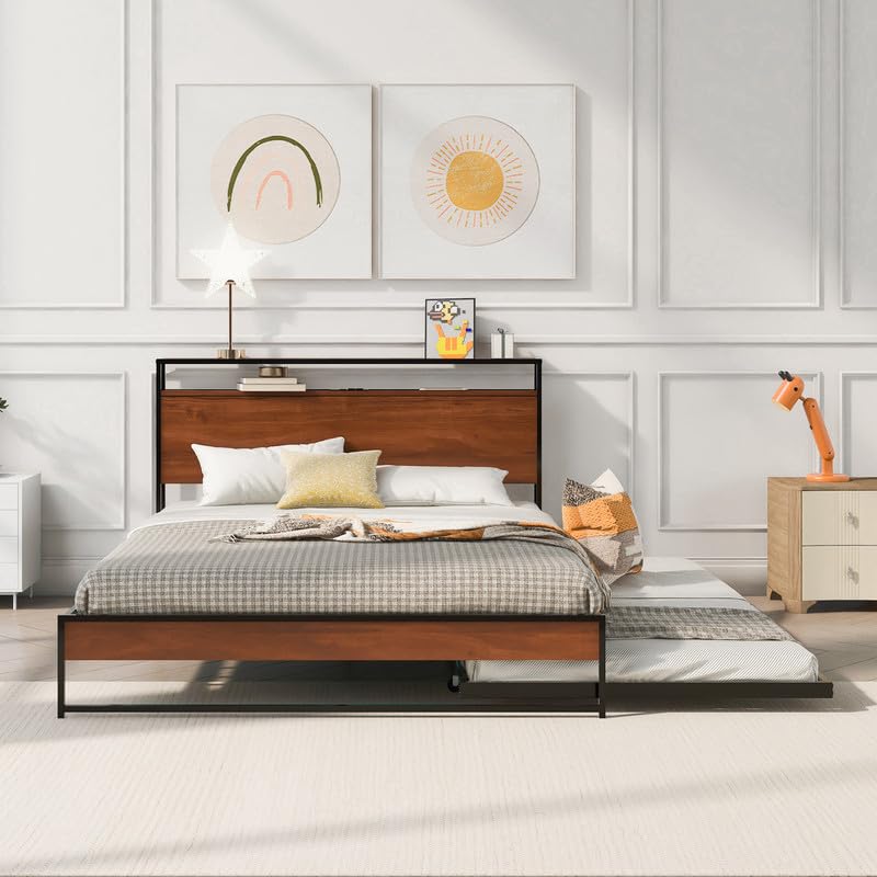 FDSPDO Queen Size Metal Platform Bed Frame with Trundle, USB Ports and Slat Support,No Box Spring Needed Black
