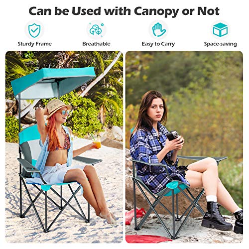 Goplus Folding Canopy Chair, Outdoor Camping Chair w/Cup Holder and Carrying Bag for Beach Park Poolside Patio (Turquoise)