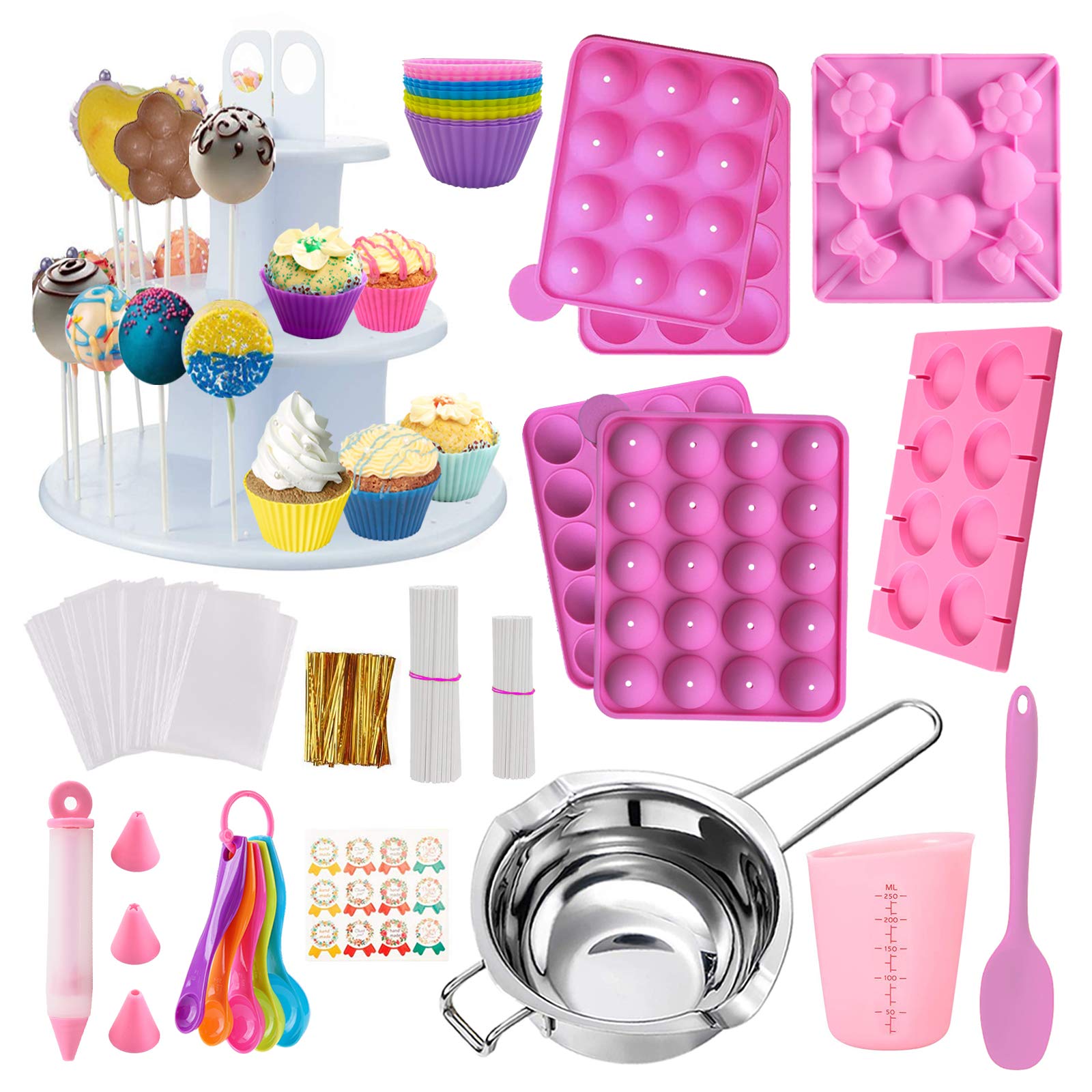 Makmeng 454Pcs Cake Pop Maker Kit - Silicone Cake Pop Set with 3 Tier Cake Pop Stand, Cake Pop Molds, Chocolate Candy Melting Pot, Lollipop Sticks and Decorating Pen - Kids Baking Gifts Set for Kids