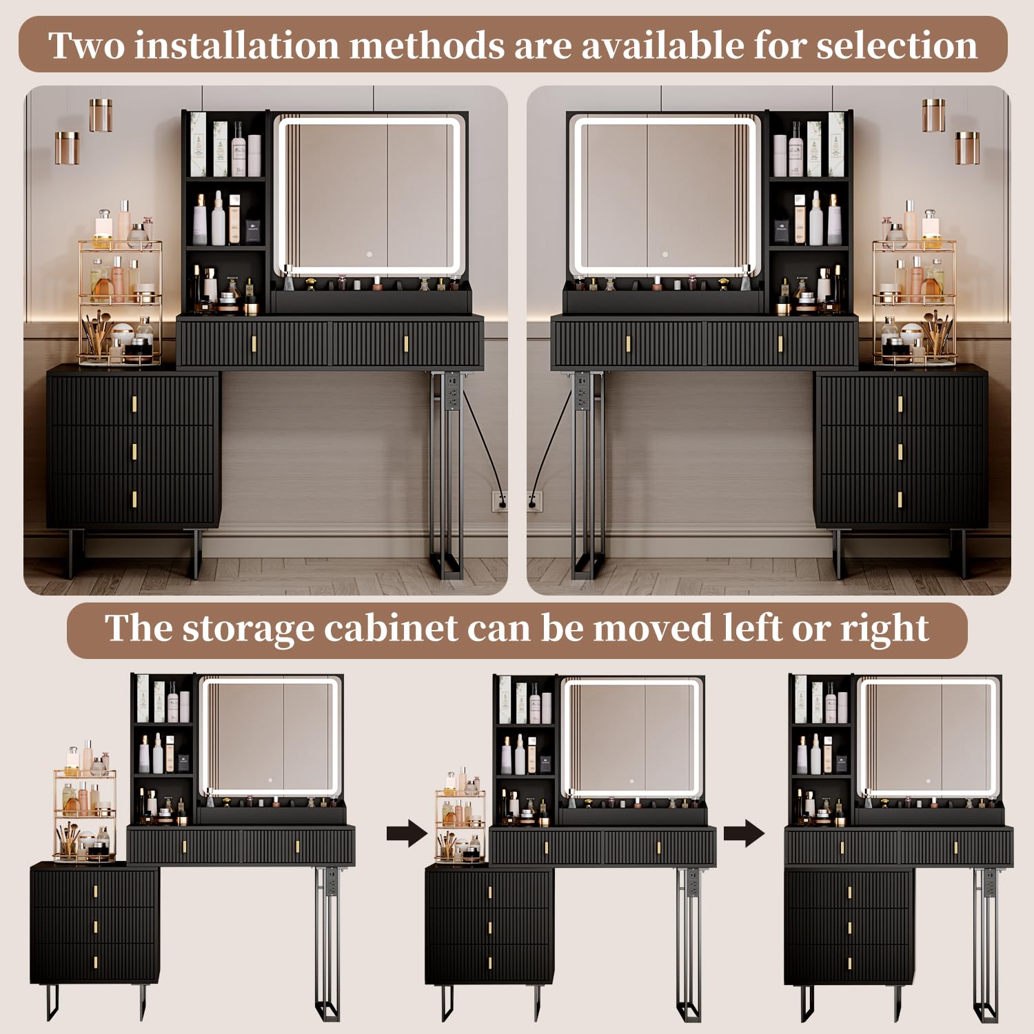 Large Vanity Desk with 3 Color Touch Screen Dimming Mirror, Vanity Desk with Charging Station, Modern Retractable Makeup Dressing Table, Vanity Table With storage shelves and 5 Sliding Drawers, WT