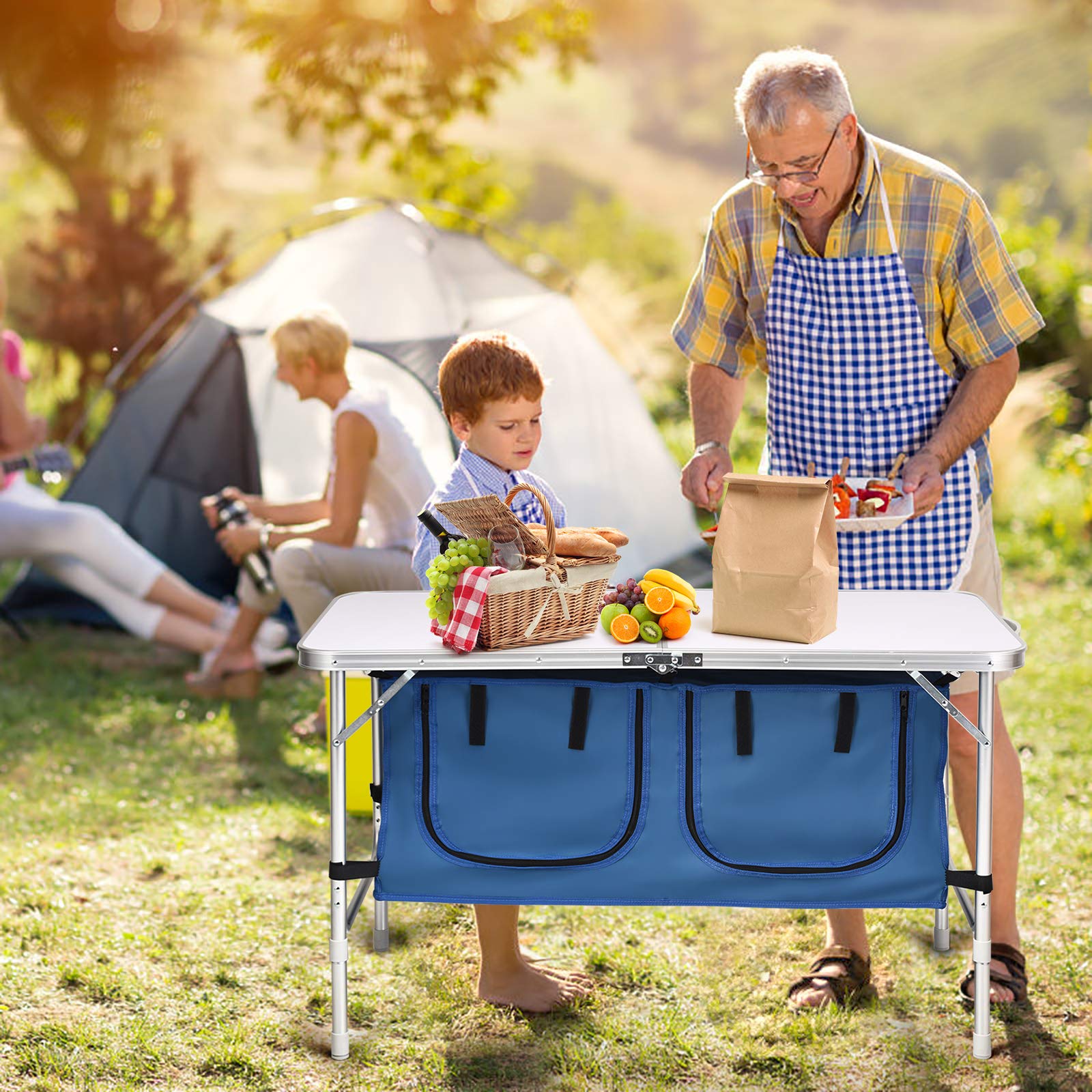 Happytools Portable Camping Table with Storage, Lightweight Aluminum Folding Table with Adjustable Legs, Outdoor Foldable Picnic Table for BBQ, Cooking, Camp & Party (Grey)