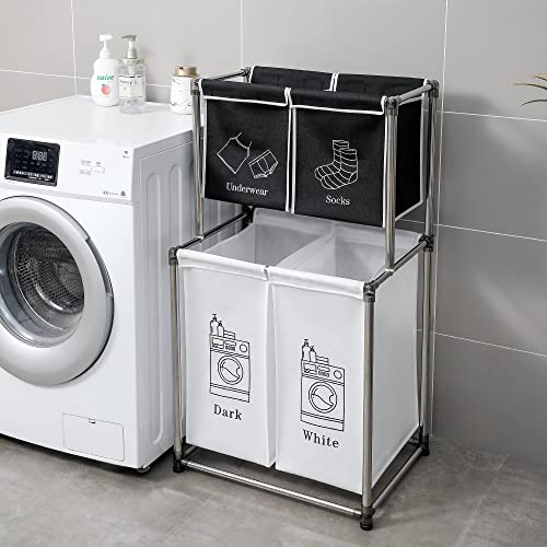 Laundry Hamper 2 Tier Sorter with 4 Removable Bags for Organizing Clothes Lights White Fabric