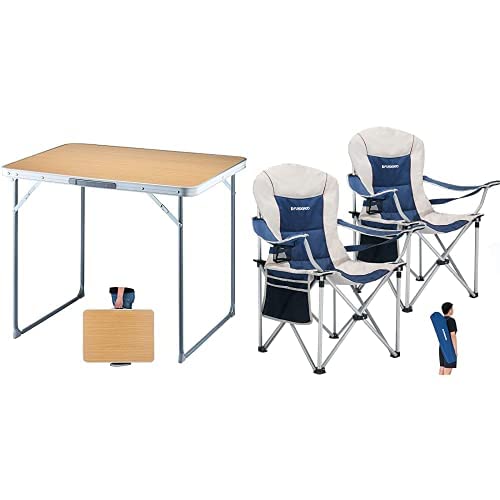 FUNDANGO 2 Pack Lumbar Back Padded Oversized Folding Camping Chairs with Portable Folding Camping Table with Handle for Outdoor Picnic Garden
