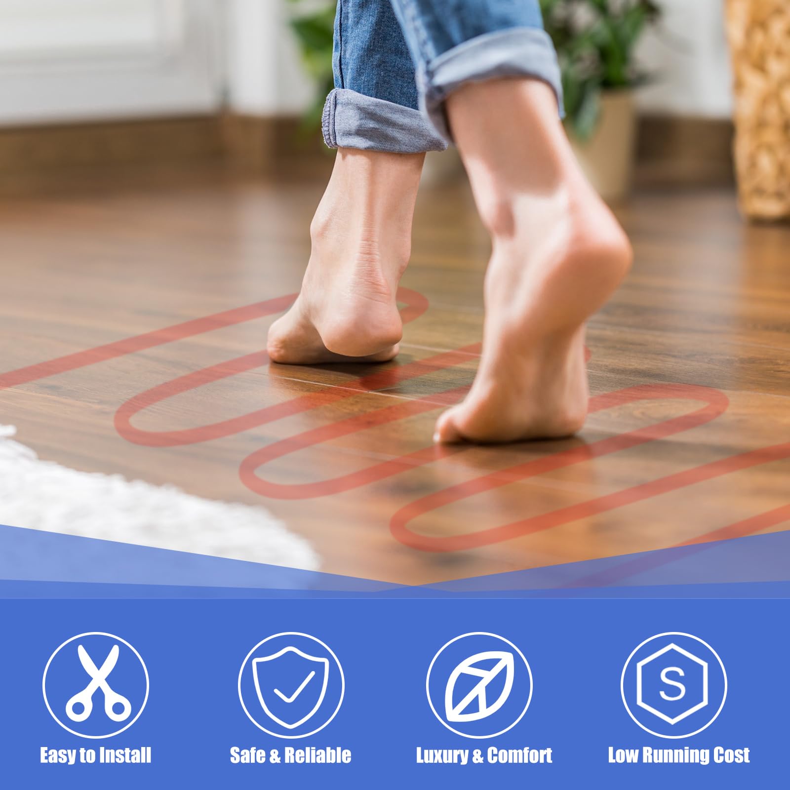 Electric Radiant Floor Heating System Kit for Under Tile and Laminate, Radiant Heated Floor Mat Self Adhesive, Floor Direct Mount Heating Mat Roll, Adjustable Tape (1 Amps, 10.8 Sqft)