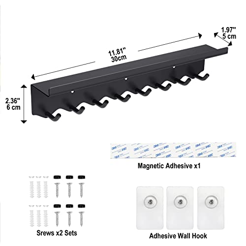 Volnamal Magnetic Key Holder for Wall Decorative - Premium Magnets Wall Mounted Key and Mail Organizer, Adhesive Key Rack Hanger for Entryway, Refrigerator with 8 Hooks(Black)