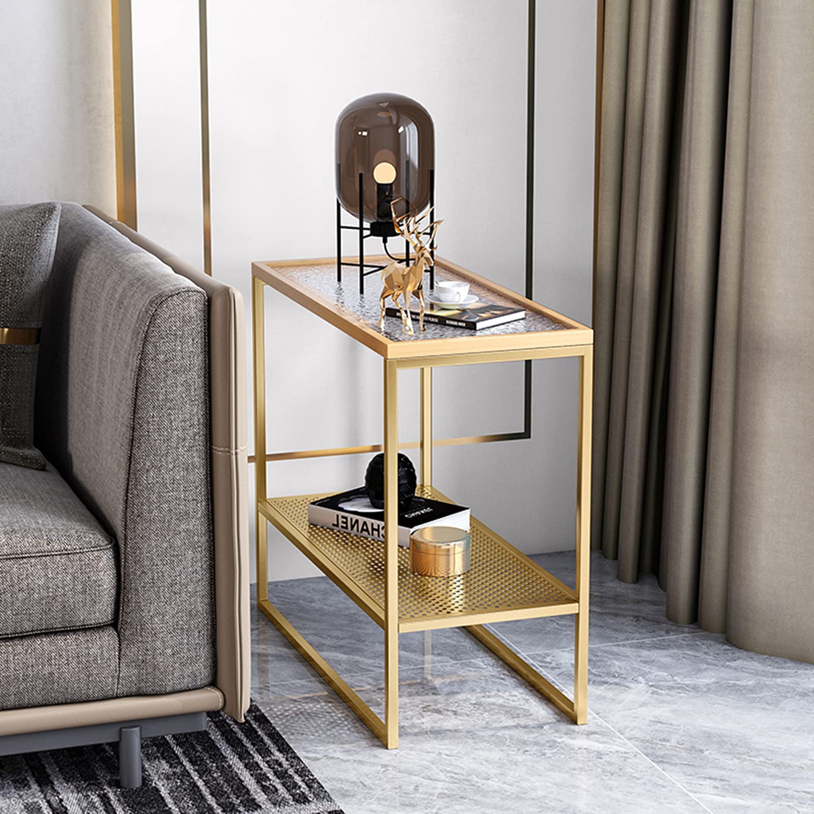 EYCIYC End Table for Living Room, Glass Side Table, Slim Bedside Table with Storage Shelves, Space Saving Accent Table, Sturdy Metal Frame, 60 * 28 * 55CM(Size:60 * 28 * 55CM)