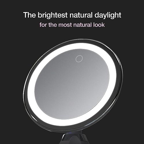 Fancii 10X Magnifying Makeup Mirror with True Natural Light and Locking Suction - 8 inch Large Lighted Travel Vanity Mirror, Dimmable Daylight LEDs, Battery and USB Operated - Luna (Silver)