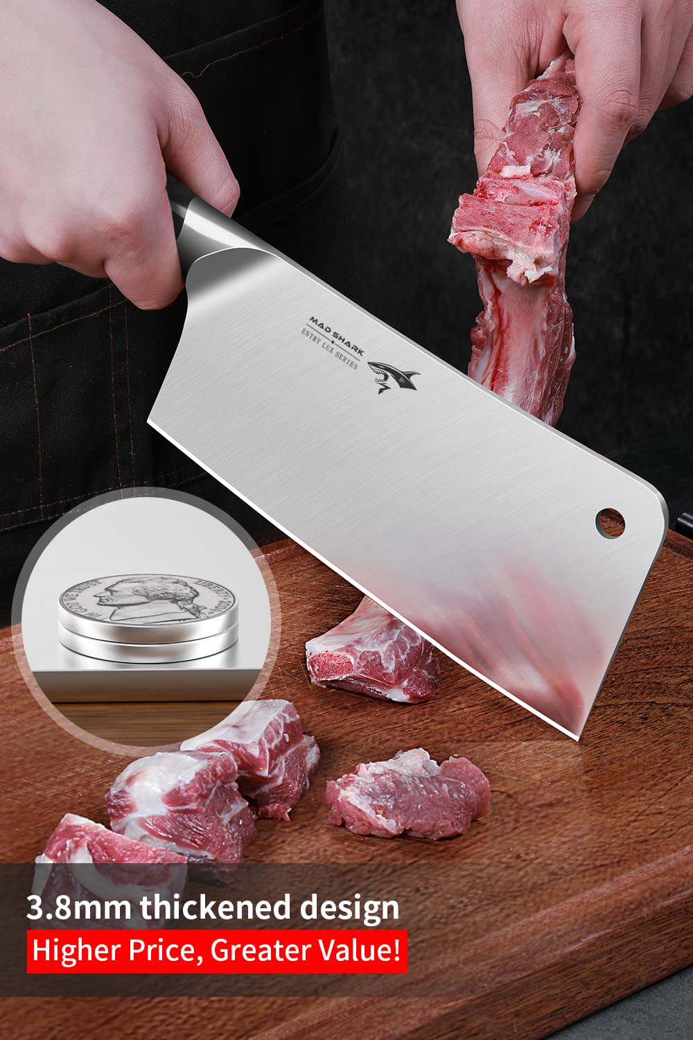 MAD SHARK Meat Cleaver & Heavy Duty Bone Chopper Knife 7.5 Inch, German High Carbon Stainless Steel Butcher Knife for Home Kitchen
