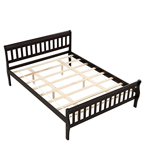 Prohon Queen Platform Bed with Vertical Openwork Design Headboard & Footboard, Large Underbed Storage Space, Simple Style Wooden Bedframe for Kids Teen Adults, No Box Spring Needed, Espresso