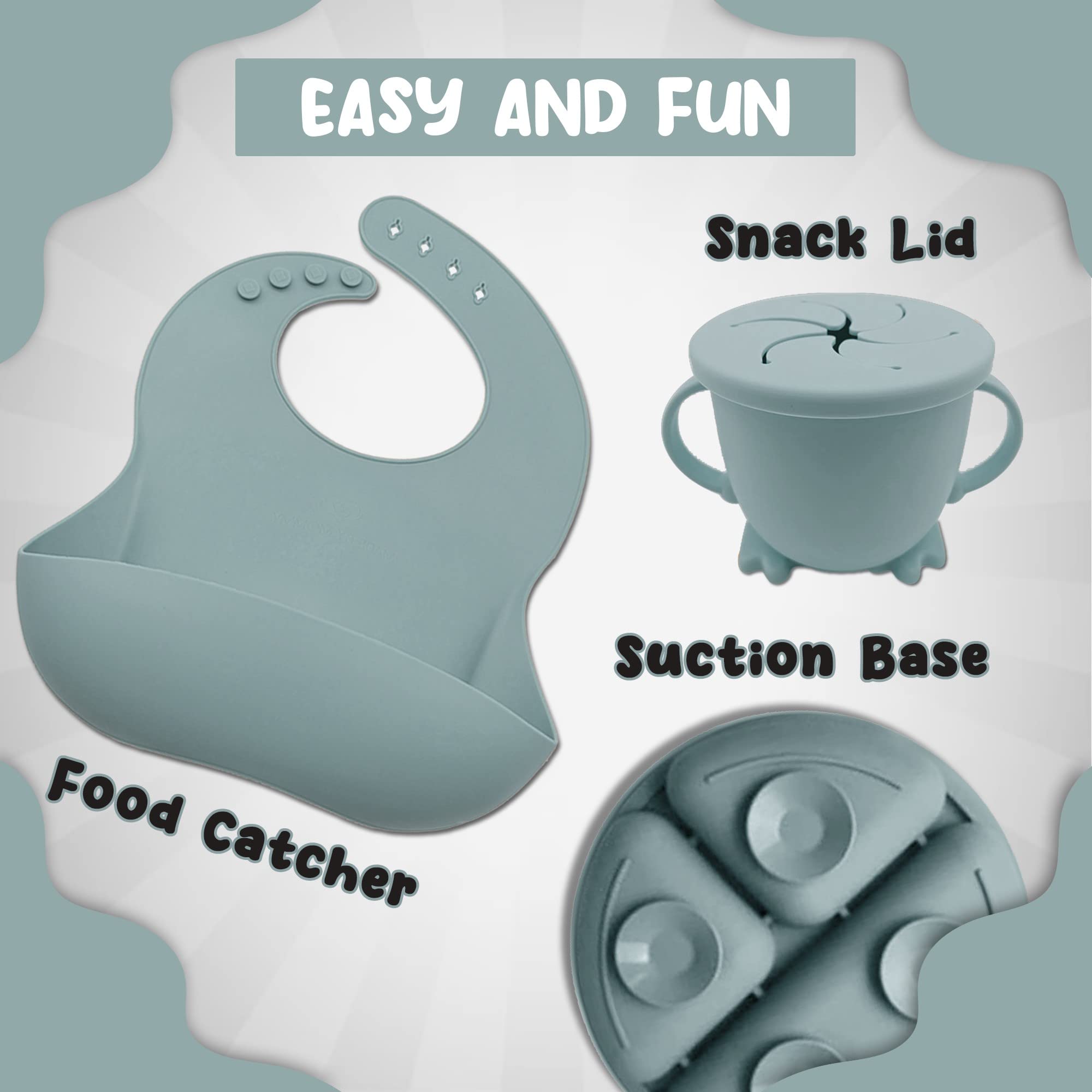 Made By Mommy Baby Led Weaning Supplies - Complete Baby Feeding Set (10 Pcs) | Suction Bowl, Snack Cup, 2 Sets of Easy Using Utensils, Bib, Sippy Straw Cup, 3 Portion Suction Plate