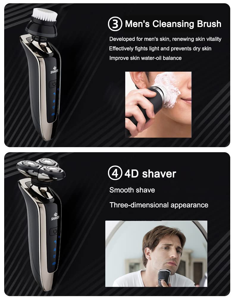 Electric Razor for Men, Wet Dry IPX7 Waterproof, 4 in 1 Rotary Shavers Beard Nose Mustache Trimmer Face Cleaning Brush