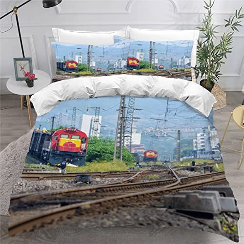 Quilt Cover Full Size Vintage Train 3D Bedding Sets Retro Train Duvet Cover Breathable Hypoallergenic Stain Wrinkle Resistant Microfiber with Zipper Closure,beding Set with 2 Pillowcase