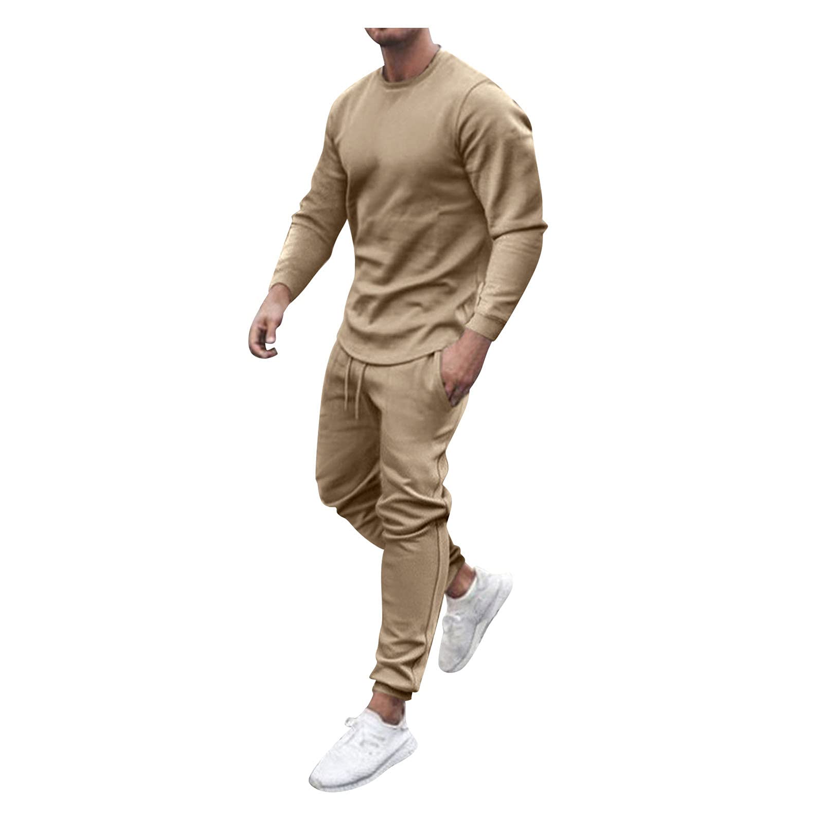 FUNEY Men's Tracksuit 2 Piece Long Sleeve Pullover T-Shirts Tops and Jogger Sweatpants Sets Activewear Lightweight Outfitts Khaki Large