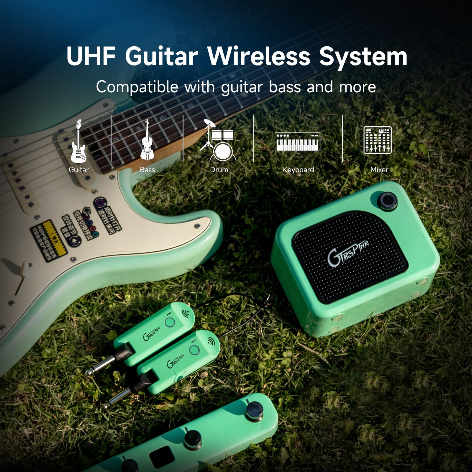GTRS Wireless Guitar System 4 Channels Rechargeable Guitar Transmitter Receiver, Auto Match, Low Latency, 100 Feet Range, Stable Connectionfor Electric Guitars Bass and More(BLACK)
