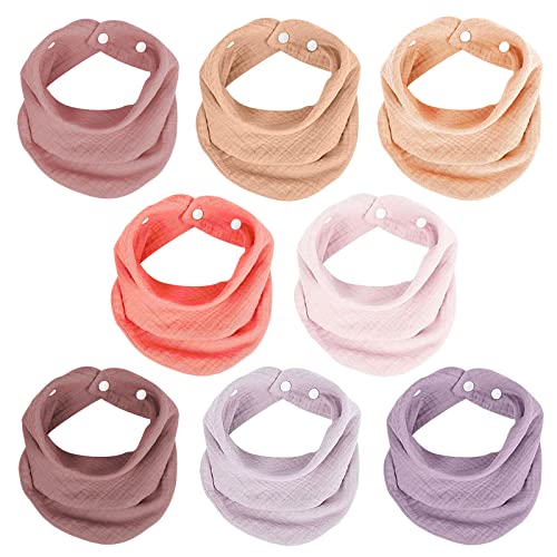 VOMARHUG Muslin Baby Bibs for Girls,100% Cotton Muslin Drool Bandana Bibs,Soft Absorbent Bibs for Teething and Drooling,Adjustable Snap,8 Pack,Solid Color