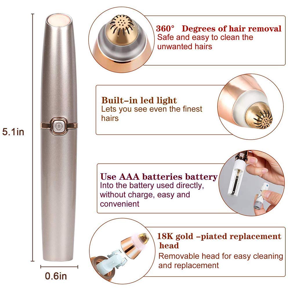 Eyebrow Hair Remover, Electric Eyebrow Trimmer Epilator for Women, Portable Painless Eyebrow Razor with Light, Rose Gold