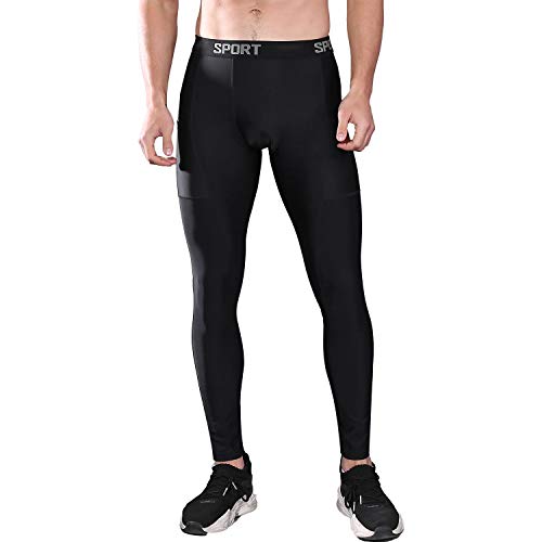 FANDIMU Men's Compression Pants, Cycling Pants, Tight Base Layer Gym Workout High Elasticity Leggings with Pocket, 2 Packs L