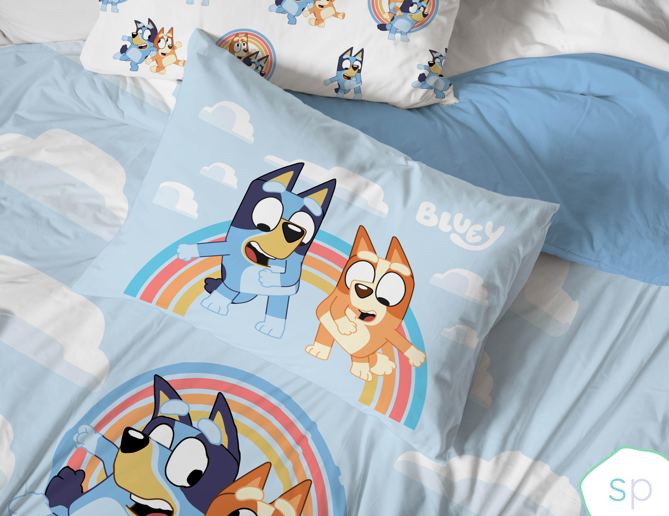 Saturday Park Bluey and Bingo Rainbow Clouds Full/Queen Duvet Cover & Sham Set - 3 Piece 100% Organic Cotton Duvet Set - GOTS & Oeko-TEX Certified