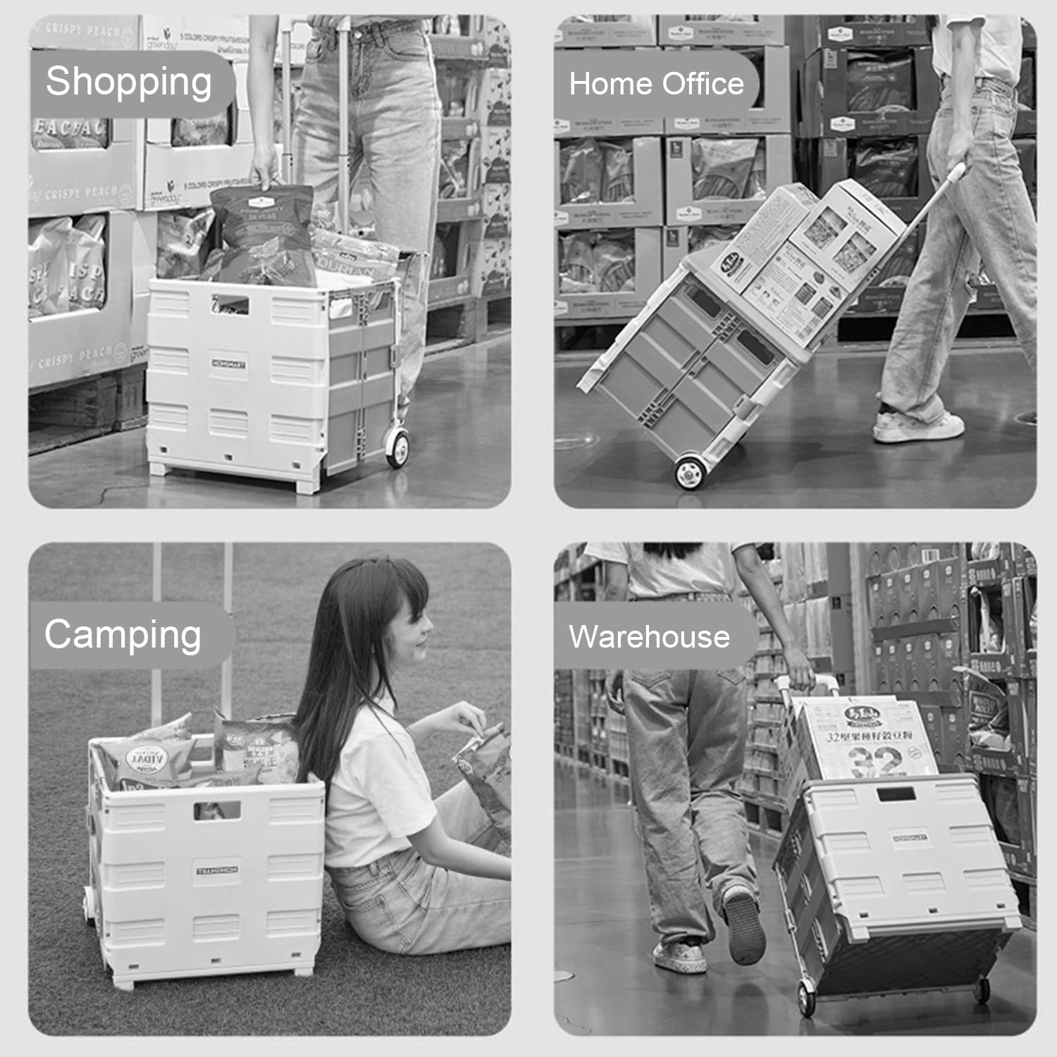 Folding Utility Cart with Wheels, Portable Rolling Trolley Hand Cart with Telescopic Handle, Durable and Collapsible Rolling Crate for Home Office Travel Schools Warehouse Camping Picnic, Grey