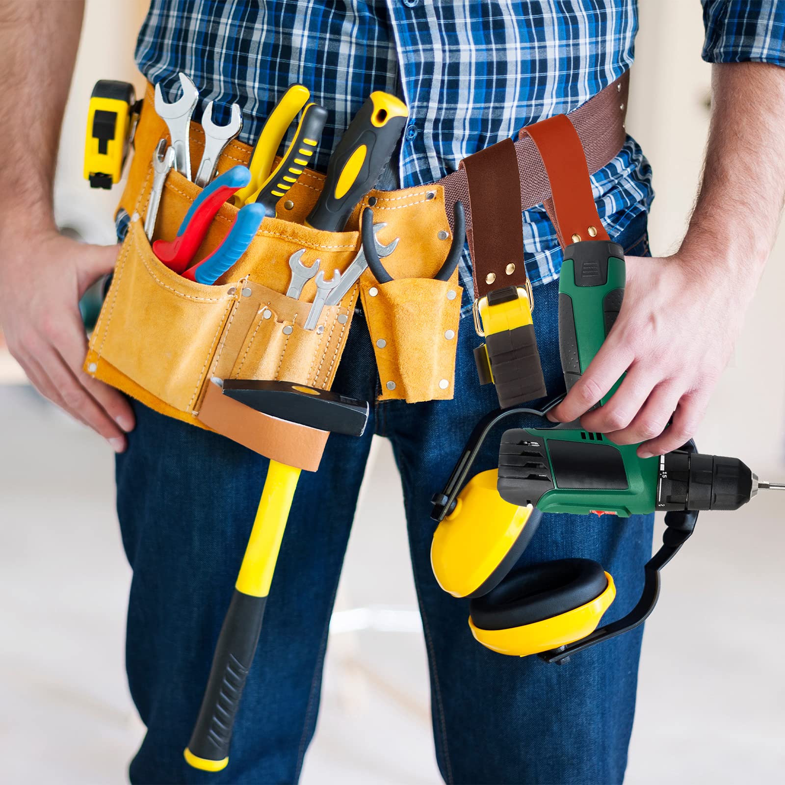 Jetec 4 Pieces Leather Belt Clip Tape Measure Clip Measuring Tape Clip Tool Belt Tape Measure Holder Drill Impact Tool Holster Tool Belt with Loops for Tape Measure, Drills, Clipped Tools
