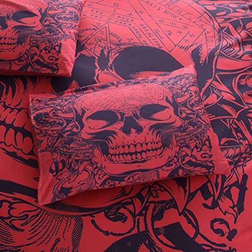 YSJ 3 PCS Skull Twin Full Queen King Duvet Cover Set with Zipper Closure,Ties-Black Red Skull Pattern Printed-King Size Bedding Set Comforter Protector Pillowcases (Queen)
