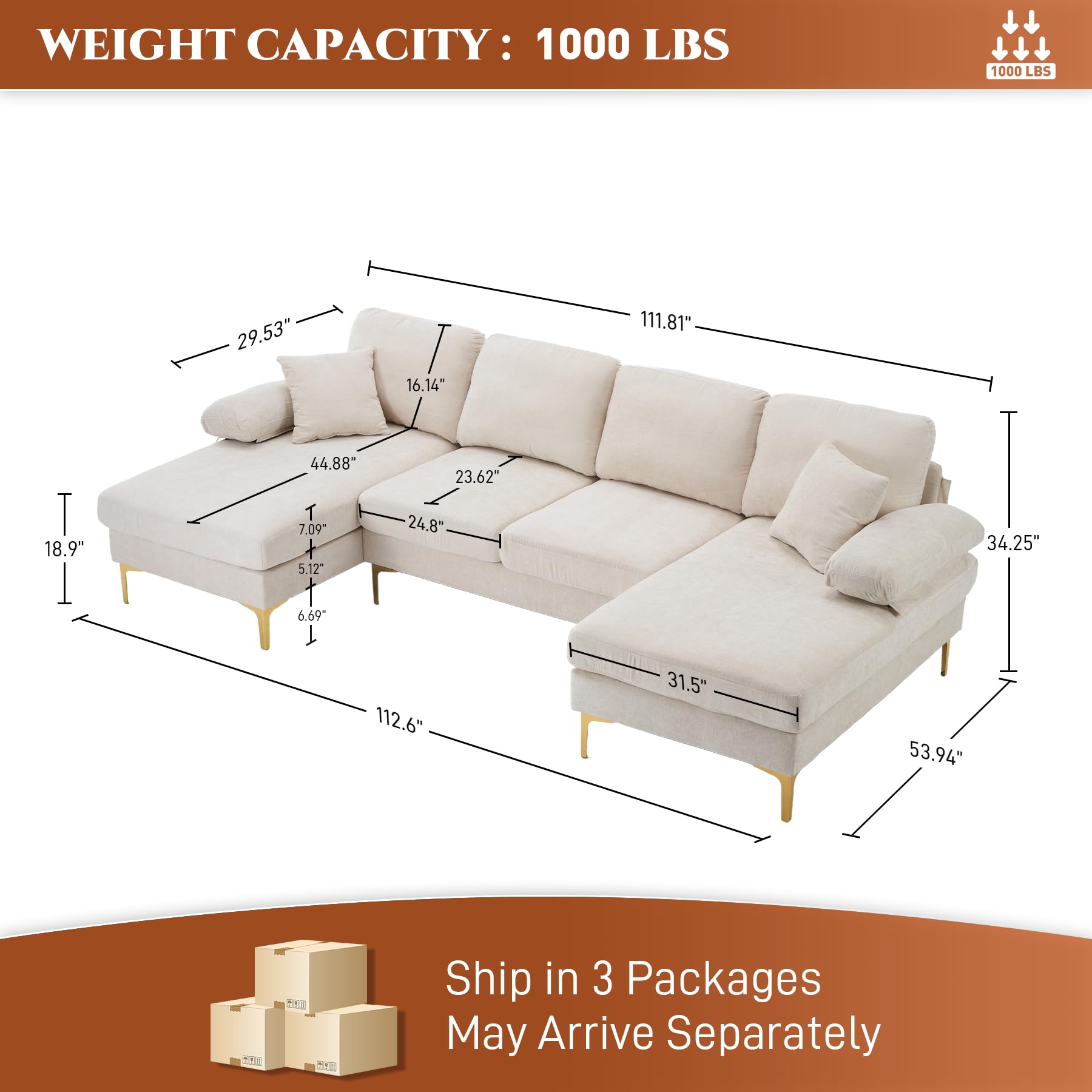 OUYESSIR U-Shaped Sectional Sofa Couch for Living Room, 4 Seat Sofa Set L-Shaped Chenille Sleeper Couch Set with Double Chaise Lounge,110.6 inches (Blue)