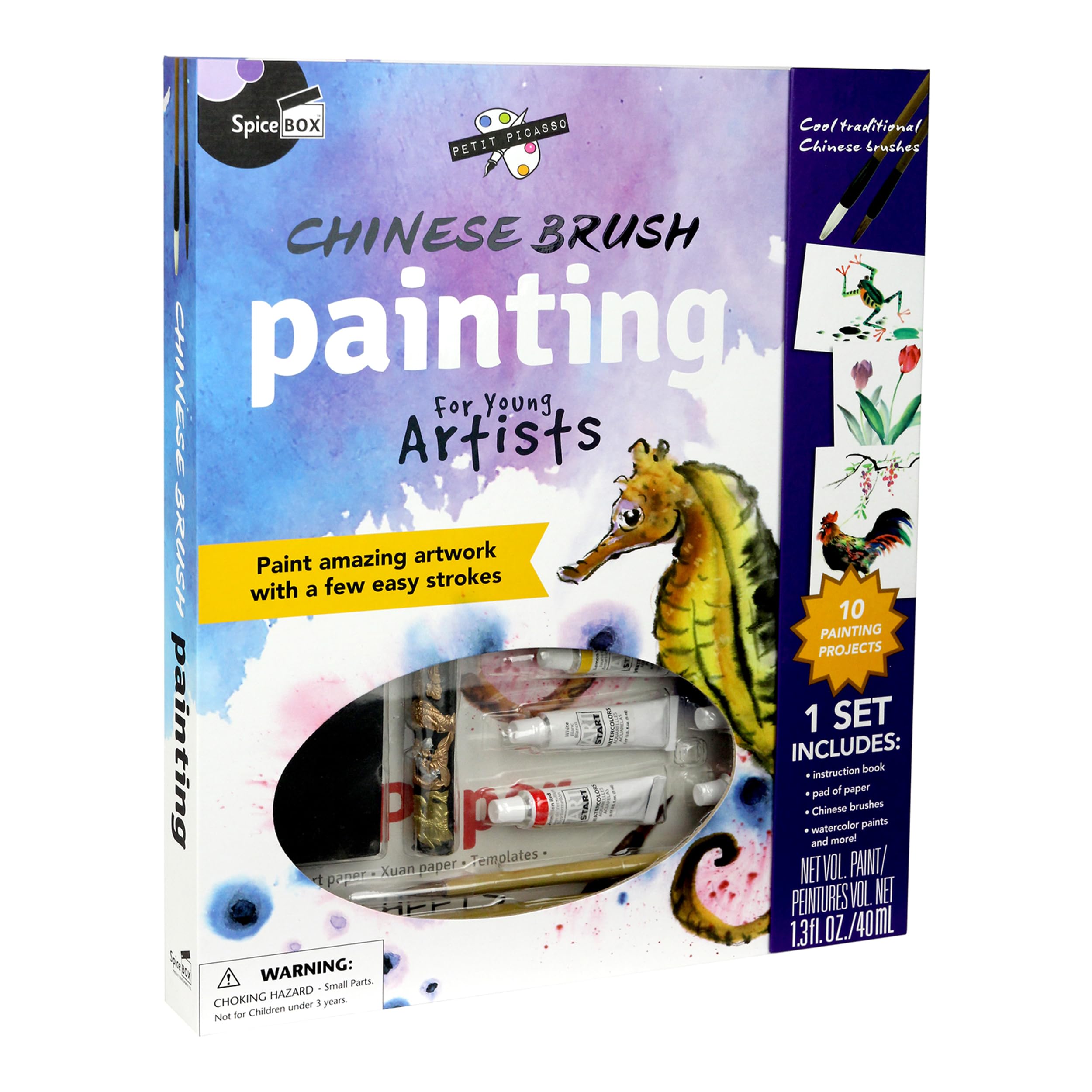 SpiceBox Chinese Brush Painting Art Kit for Kids, DIY Childrenās Learn to Paint Set, Includes Watercolor Tubes, Book, Paintbrushes, Ink Stone