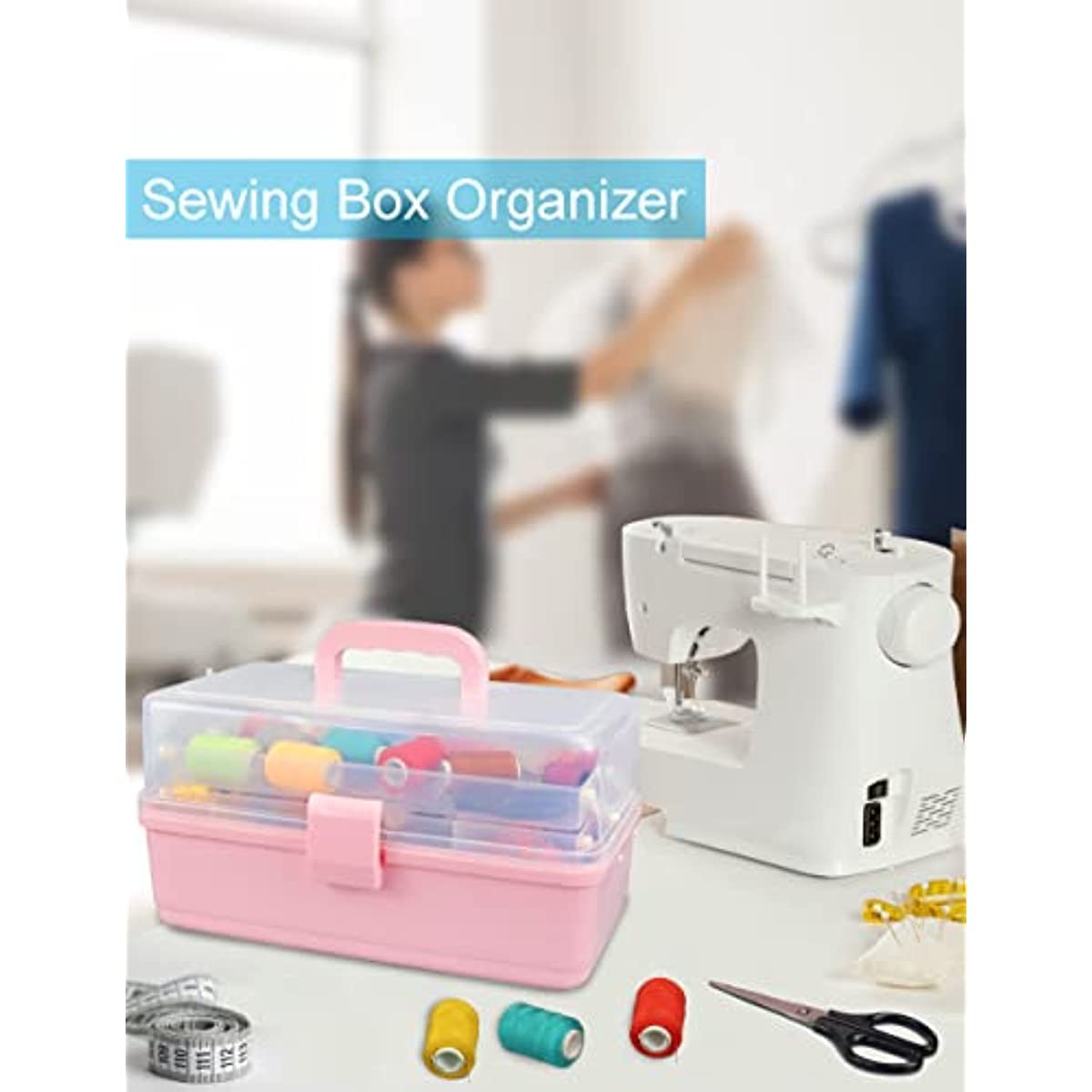 Pink Craft Box Art Box 3-Layer Plastic Portable Storage Box with Handle, Nail Sewing Organizer, Pink Toolbox, Hair Supplies Storage Box