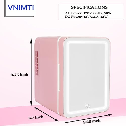 VNIMTI Mini Skincare Fridge 4 Liter/6 Cans, Portable Cosmetic Fridges with Makeup Mirror, Cooler & Warmer, AC & DC, Small Refrigerator for Bedroom, Car, Office, Outdoor (Pink - 4L)
