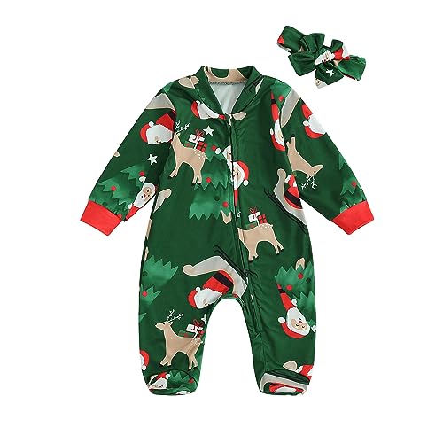 Mialoley Infant Baby Christmas Jumpsuit Long Sleeve V Neck Zipper Front Romper Bowknot Headband Spring Fall Winter Casual (Green, 6-9 Months)
