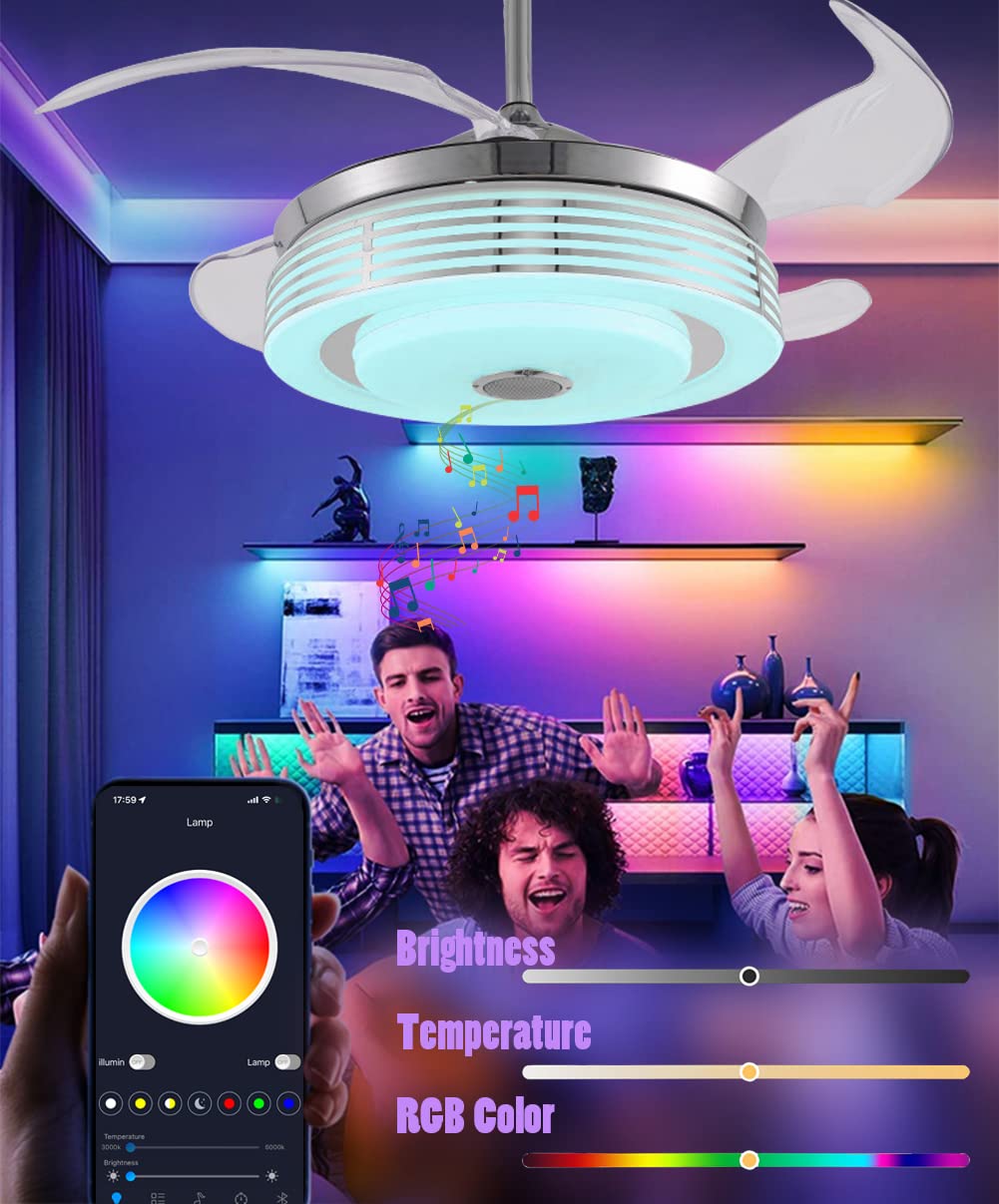 Fandian 42" Ceiling Fan with Lights Smart Bluetooth Speaker Remote Control Chandeliers, Retractable Blades, 3 Speed, Dimmable 7 Color Change Lighting for Living Room Bedroom