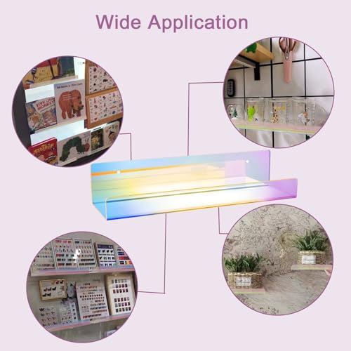 NatldGs 2 Pcs Iridescent Acrylic Floating Shelves, 15.7Inch Rainbow Acrylic Shelves/Bookshelf for Bedroom, Bathroom or Living Room Decor (Wall Mounted)…