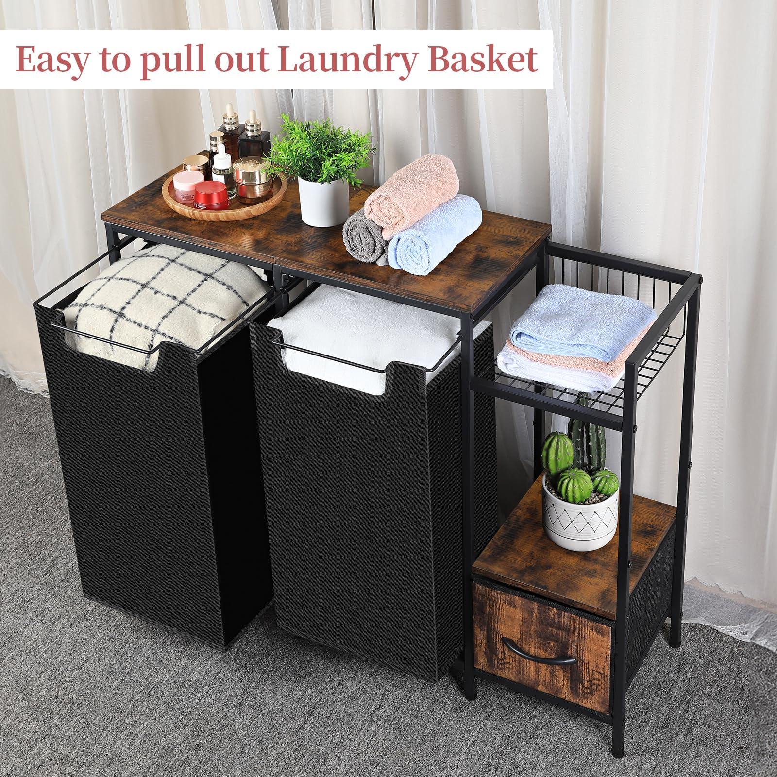 Laundry Hamper, Laundry Sorter with 2 Pull-Out Removable Bags, Laundry Basket with Storage Shelf, Clothes Basket Hamper Organizer with Storage Drawer for Bathroom, Bedroom,Laundry Room,Rustic Brown