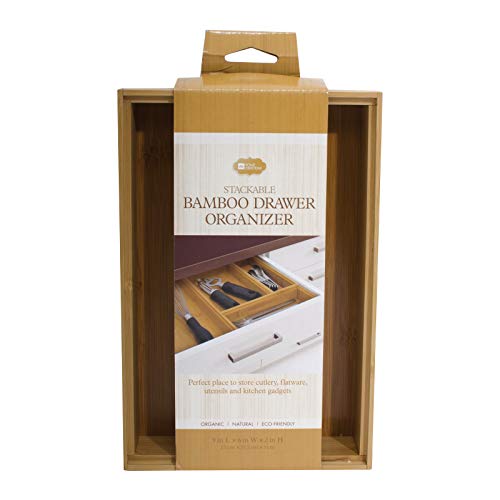 Home Expressions Stackable Bamboo Storage Tray, Drawer Organizer,Cutlery Divider,Cutlery Organizer (9"x6"x2")