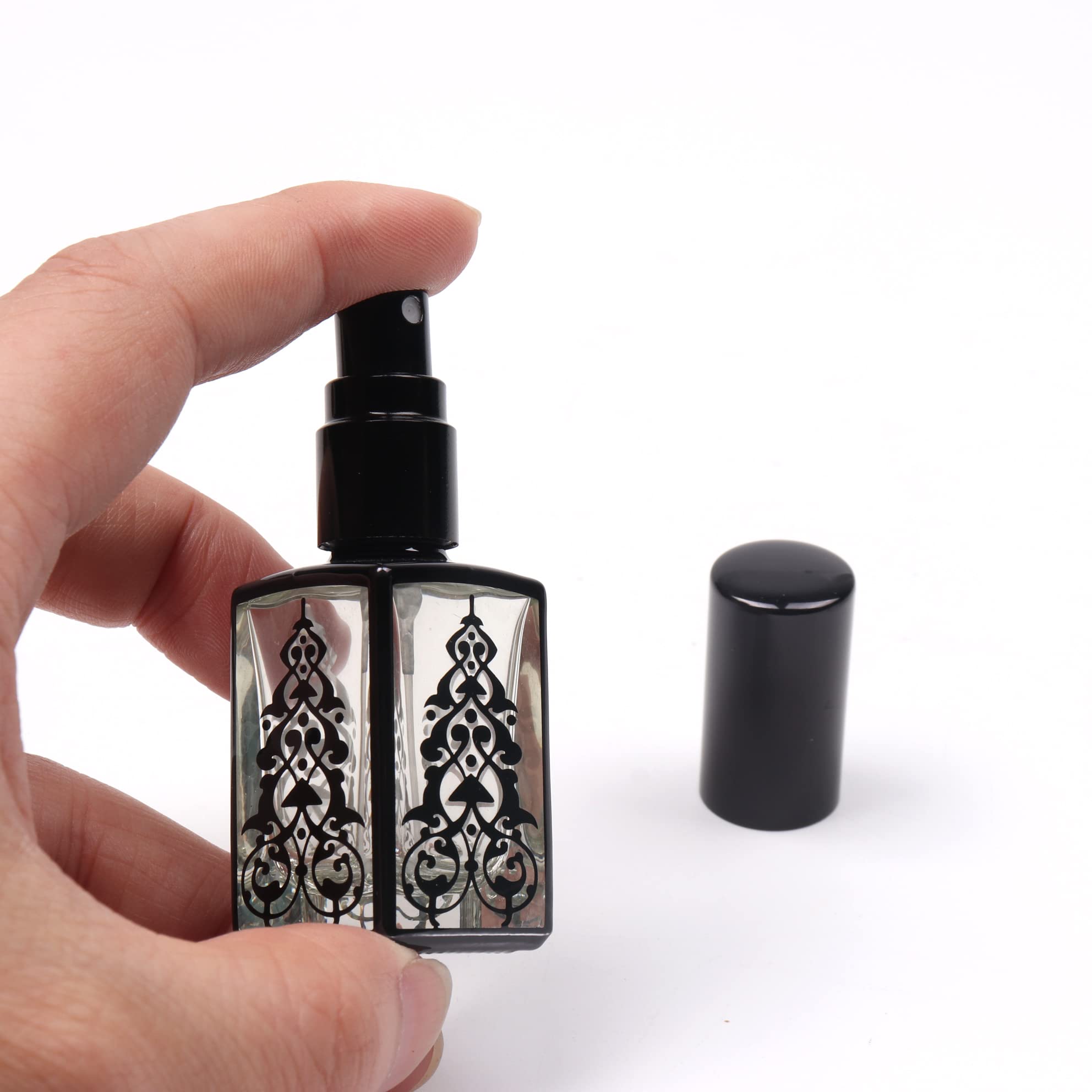 HUGE FUN 10ml Travel Perfume Bottle Refillable Atomizer with Islamic Decor Pattern, Portable Mini Travel Size Spray Bottle Travel Essential for Women (10ML/0.34OZ, Black Christmas Tree)