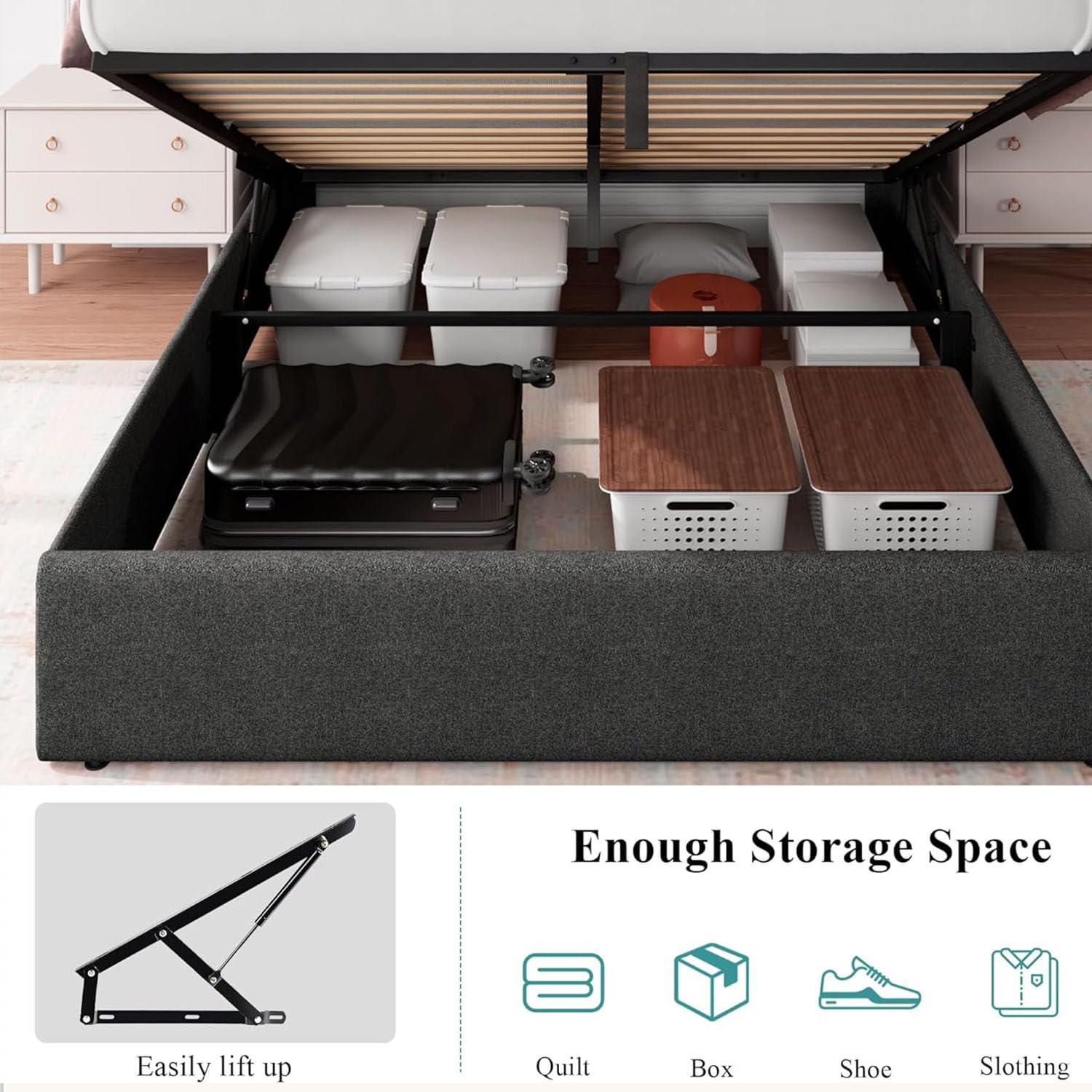 SAVOLIFE Queen Size Lift Up Storage Bed Frame with Led Light Headboard, PU Upholstered Queen Platform Bed Frame with Charging Station, Black